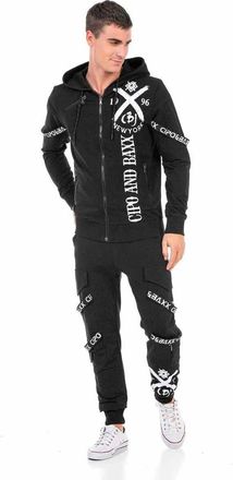 Cipo & Baxx Herren Jogginganzug CLR140 Schwarz - Zweiteiliges Set aus Kapuzenjacke und Jogginghose mit sportlichem Design und hohem f&uuml;r Alltag und Freizeit - CLR1