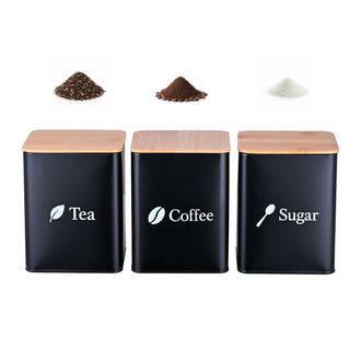 Relaxdays Vorratsdosen, 3er Set, Kaffee, Tee, Zucker, Metall, Bambusdeckel, HBT: 15x11x11 cm, K&uuml;chendose, schwarz/Natur