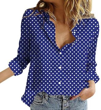 Generic Chemisiers pour femmes &agrave; col en V, boutons, &agrave; pois, manches longues, d&eacute;contract&eacute;s, hauts classiques, Z01-bleu., XXL