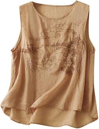 Generic D&eacute;bardeurs en lin pour femme - Broderie vintage - Sans manches - D&eacute;contract&eacute; - Tendance - Pour femme - Chemisier boh&egrave;me, kaki, XXL