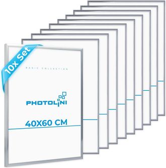 Photolini Bilderrahmen 40x60 Silber, Kunststoff 40x60 cm Bilderrahmen 10er Set mit bruchsicherem Acrylglas, Rahmen 60x40 zum Aufhängen mit Zubehör - Dokumentenr