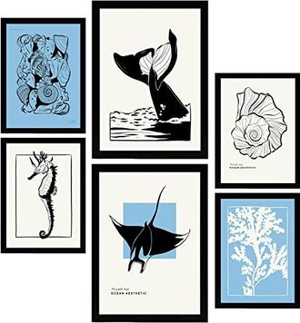 Nacnic Ensemble de 6 affiches &agrave; lencre noire. Raie et baleine. Impressions artistiques de la mer et de loc&eacute;an pour lam&eacute;nagement int&eacute;rieur et la d&eacute;coration. A