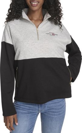 Tommy Hilfiger Damen-Sweatshirt mit Stehkragen und Colorblock-Fleece, 1/4-Rei&szlig;verschluss, Stone Grey Heather/Black, XS