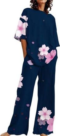 Generic Pyjama avec poches pour femme - Ensemble deux pièces pour femmes - Tenues dété - T-shirts à manches courtes et pantalons taille élastique pour sortir,