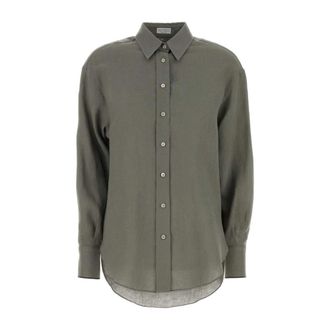 Brunello Cucinelli Femme, Blouses et Chemises, Vert, Taille: 40 FR Chemise en lin avec Monili