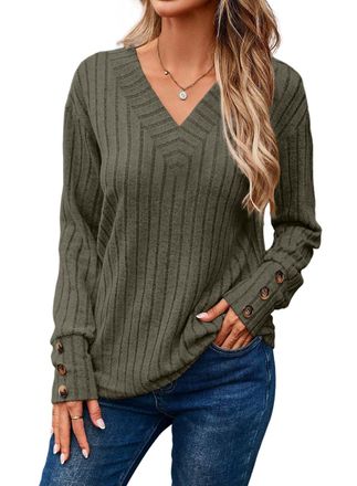 Dokotoo Pullover Damen V-Ausschnitt Langarmshirt Leichte Strickpullover Herbst L&auml;ssige Oberteile Pulli Tops mit Knopf, gr&uuml;n, S