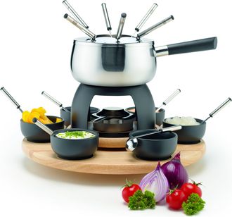 Mäser Mäser 931229 Fondue-Set 23-teilig, Edelstahl Fonduetopf inklusive Spritzschutz, Rechaud, Drehkarussell aus Holz, Fonduegabeln, Schälchen, Grau/Schwarz