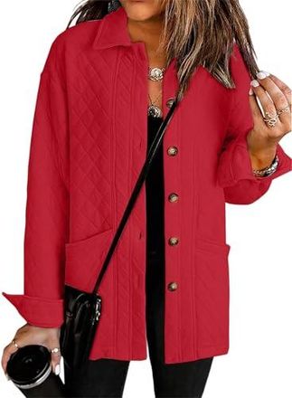 Generic Veste matelass&eacute;e d&eacute;contract&eacute;e boutonn&eacute;e &agrave; manches longues pour femme, manteau matelass&eacute; l&eacute;ger et d&eacute;contract&eacute; avec poches, Rouge, XXL