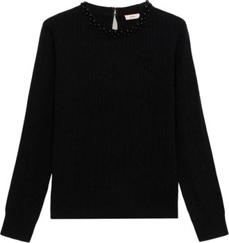 Oltre Femme, Pulls, Noir, Taille: 46 FR Pull ras du cou en m&eacute;lange de cachemire avec applications