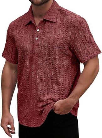 Generic DENGJIAMY Polo textur&eacute; pour homme T-shirt &agrave; col en V &agrave; manches courtes pour homme T-shirt &agrave; col en V d&eacute;contract&eacute; pour homme V&ecirc;tements d&eacute;t&eacute;, Rouge, XXL