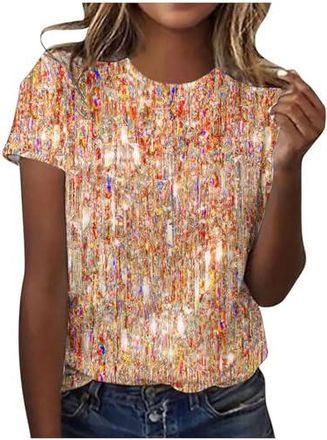 Generic T-shirt &agrave; manches courtes et col rond pour femme Effet cristal iris&eacute; Pour f&ecirc;te, festival, tenue d&eacute;contract&eacute;e, Orange, XXL