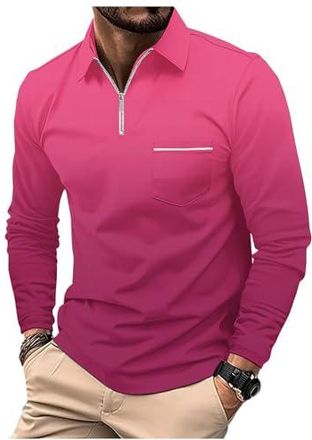 Generic Polo &agrave; manches longues pour homme Patchwork Revers T-shirt d&eacute;contract&eacute; Chemises de vacances Tops, Rose, XXL