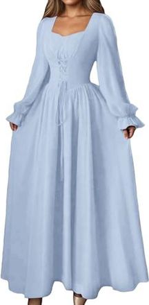 Generic Robe Victorienne Femme Manches Longues- Robe Medievale Sexy Vintage Couleur Unie Tunique Coupe Ample Renaissance Cour Long Dress Chic Steampunk Gothiq