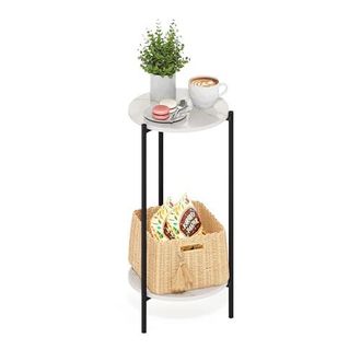 Furinno Besi 2-st&ouml;ckiger moderner hoher runder Beistelltisch mit stabilen Metallbeinen, Marmorwei&szlig;