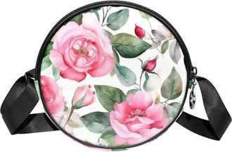 Generic Petit sac &agrave; bandouli&egrave;re circulaire pour femme, motif feuilles florales, sac &agrave; dos avec fermeture &eacute;clair, bretelles r&eacute;glables, sac &agrave; main rond d&eacute;contra