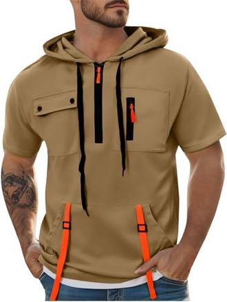 Generic Sweat à capuche uni 2026 pour homme avec fermeture éclair quart de long, chandail léger surdimensionné avec vêtements pour entraînement intérieur et e