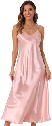 Allegra K Robe Longue Pyjama en Satin Femme sans Manches Col en V &agrave; Bretelles Spaghetti Robe de Chambre Soyeuse Chemise de Nuit Rose XL