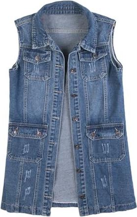 Generic Gilet en jean à revers pour femme avec poches à simple boutonnage - Veste mi-longue sans manches en jean, bleu, 3XL
