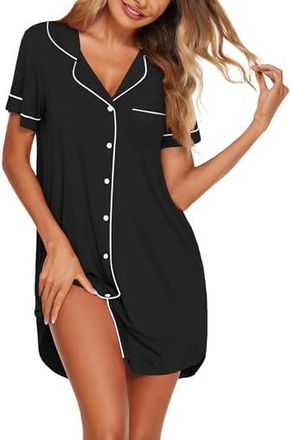 Ekouaer Chemise de Nuit Femme Manche Courte Ete Grande Taille Chemise de Nuit Maternité Allaitement Boutonnée Devant, Noir, XXL