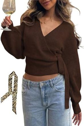 Generic Pull en tricot &agrave; col en V crois&eacute; pour femme avec noeud irr&eacute;gulier, manches longues nou&eacute;es sur le c&ocirc;t&eacute;, haut court tendance en tricot, caf&eacute;, XL