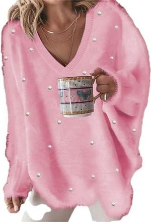Generic Blanc Sexy Perle Perles Doux Pull Col V L&acirc;che Top Automne Hiver Manches Longues Irr&eacute;gulier Pulls, 02 Pnnrk, XL