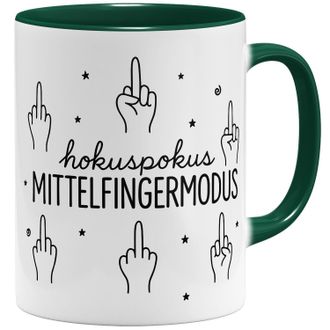 OM3 lustige Mittelfinger Kaffee-Tasse mit Spruch - Hokuspokus Mittelfingermodus - Keramik Becher - 325ml - Beidseitig Bedruckt - Gr&uuml;n