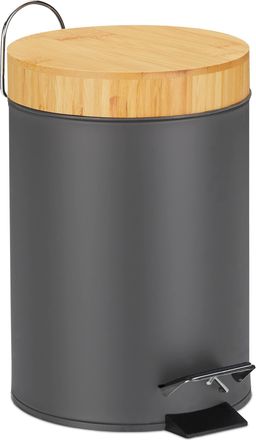 Relaxdays Mülleimer Bad, 3 l, Kosmetikeimer Absenkautomatik, Bambusdeckel, entnehmbarer Inneneimer, Treteimer, grau