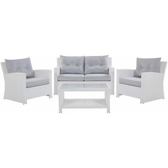Beliani Lounge 4er Set Wei&szlig; in Rattanoptik Grauen Bez&uuml;ge Mit Sitzkissen Dekorativ Elegant Modern