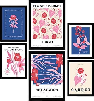Nacnic Lot de 6 affiches de fleurs. March&eacute; aux fleurs. Impressions nature et botanique pour lam&eacute;nagement et la d&eacute;coration dint&eacute;rieur. A3 et A4, sans cadres