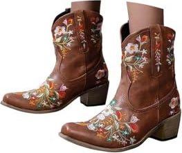 Generic Bottes de cowboy pour femmes, bottes de cowgirl vintage à bout pointu et à talons mi-hauts, bottes de cowgirl à bout pointu à mollet large, bottines c