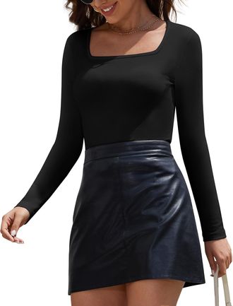 Joyshaper Damen Rundhalsausschnitt Langarmteeshirt Langarm Unterhemd Basic Lang&auml;rmeliges T-Shirt mit Rundhalsausschnitt f&uuml;r Dame Schwarz L