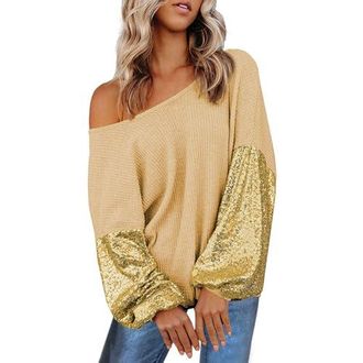 Generic Chemisier &agrave; paillettes &agrave; &eacute;paules d&eacute;nud&eacute;es pour femme, sweats &agrave; la mode d&eacute;contract&eacute;s en patchwork brillant, pull en tricot &eacute;l&eacute;gant, couleur unie, &eacute;paul