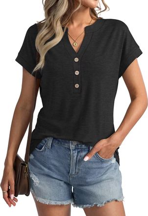 Onsoyours Tshirt Damen V-Ausschnitt T-Shirts Sommer Fl&uuml;gel&auml;rmel Oberteile Casual Knopfleiste Basic Tops A Schwarz XL