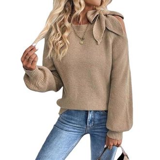 Generic Pull &agrave; &eacute;paules d&eacute;nud&eacute;es avec noeud papillon et manches lanternes, pull vintage en tricot &eacute;pais confortable pour femme, kaki, 10XL