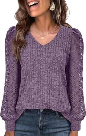 Generic Hauts d&eacute;t&eacute; d&eacute;contract&eacute;s et polyvalents pour femme, couleur unie, col en V, haut en dentelle, chemisiers en tricot c&ocirc;tel&eacute;, &agrave; manches longues, couche de