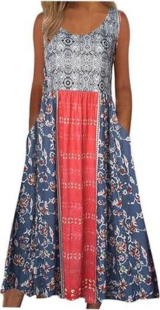 Generic Robes boh&egrave;me 2026 pour femmes, robe imprim&eacute;e d&eacute;contract&eacute;e, sans manches, col rond, poche ample, Rouge, XXL