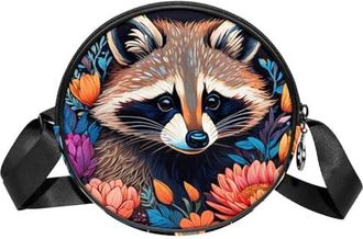 Generic Petit sac &agrave; bandouli&egrave;re circulaire pour femme, motif raton laveur avec fermeture &eacute;clair, bretelles r&eacute;glables, sac &agrave; main rond d&eacute;contract&eacute; pour femmes 