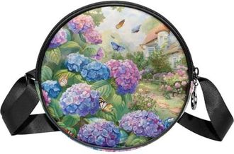 Generic Sac &agrave; bandouli&egrave;re rond pour femme, motif papillon, fleurs, petit sac &agrave; bandouli&egrave;re avec fermeture &eacute;clair, bretelles r&eacute;glables, sac &agrave; main rond d&eacute;contr