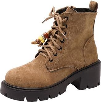 Generic Bottes &agrave; lacets pour femme - Style d&eacute;contract&eacute; et &eacute;l&eacute;gant - Bout rond - Talon &eacute;pais - Antid&eacute;rapant - Fermeture &eacute;clair lat&eacute;rale - Confortables - Noir e