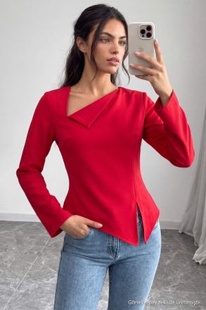 Trendyol Einfarbige, lange taillierte Bluse, Damen - Rot