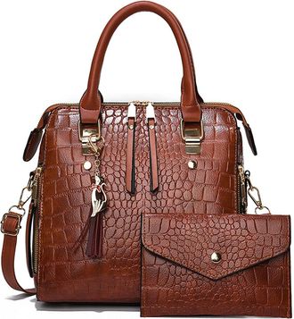 Nicole & Doris Damen Handtasche Brieftasche Set Handtaschen Umh&auml;ngetasche Krokodil Schultertaschen Crossbody Bag Lackleder Henkeltasche mit Anh&auml;nger Braun