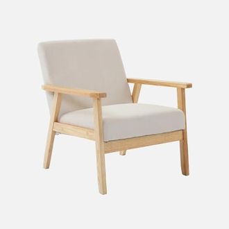 Sweeek Fauteuil Vintage/scandinave Structure en Bois et contreplaqué et Assise en Velours côtelé Coloris Blanc crème
