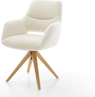 DELIFE Drehstuhl Yago-Flex mit Armlehnen Teddystoff Beige Holzgestell kantig Natur 360&deg; drehbar Taschenfederkern, Esszimmerst&uuml;hle