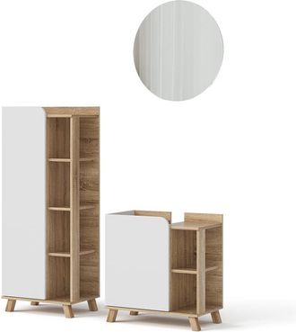 Vicco Badmöbel-Set Sonoma/Weiß Karen, bestehend aus Bad Spiegelschrank, Waschbeckenunterschrank, Hochschrank - Offene und geschlossene Fächer für Flexible A