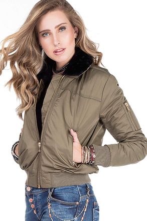Cipo & Baxx Damen Jacke WJ141 Khaki - Klassische Bomberjacke im Casual Streetwear Look mit Rei&szlig;verschluss & Fellkragen - Stylische &Uuml;bergangsjacke f&uuml;r Alltag & Fre