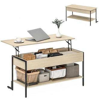 HOMCOM Table Basse avec Plateau relevable, Table de Salon Industrielle avec Compartiment caché et étagère Ouverte, Pieds renforcés en L Stable, pour Salon, B