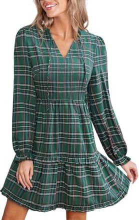 Cupshe Mini robe dautomne &agrave; carreaux pour femme avec col en V et manches bouffantes, vert, M