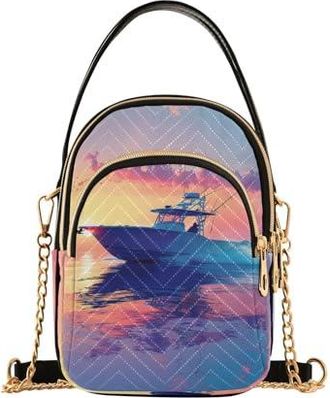 Mnsruu Sac à bandoulière pour femme - Motif bateau de pêche - Lever de soleil - Bleu - Petit sac à bandoulière - Avec sangle réglable