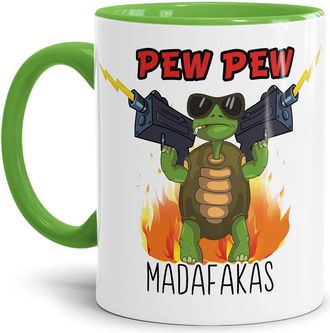 Tassendruck Tasse mit lustigem Spruch - Pew Pew Madafakas - Schießende Schildkröte - Witziges Geschenk für Freunde, Kollegen, Kaffeetasse - Keramik Innen & Henkel