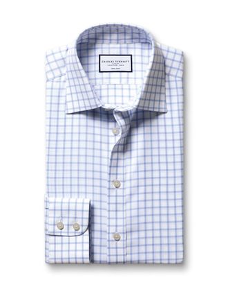 CHARLES TYRWHITT B&uuml;gelfreies Twill-Hemd mit Karos - Himmelblau Knopfmanschette